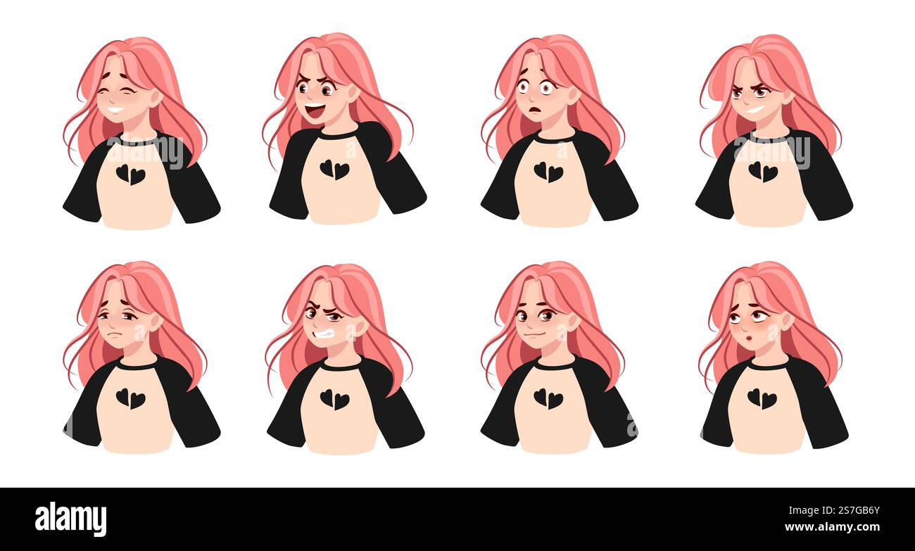 Happy girl. Cartoon woman characters, sad or angry avatar emotions ...
