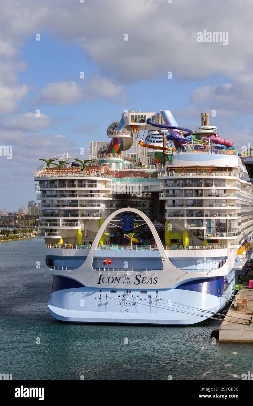 Miami, Florida, USA - 4 January 2025: Rear view of the world's biggest cruise ship, the Icon of ...