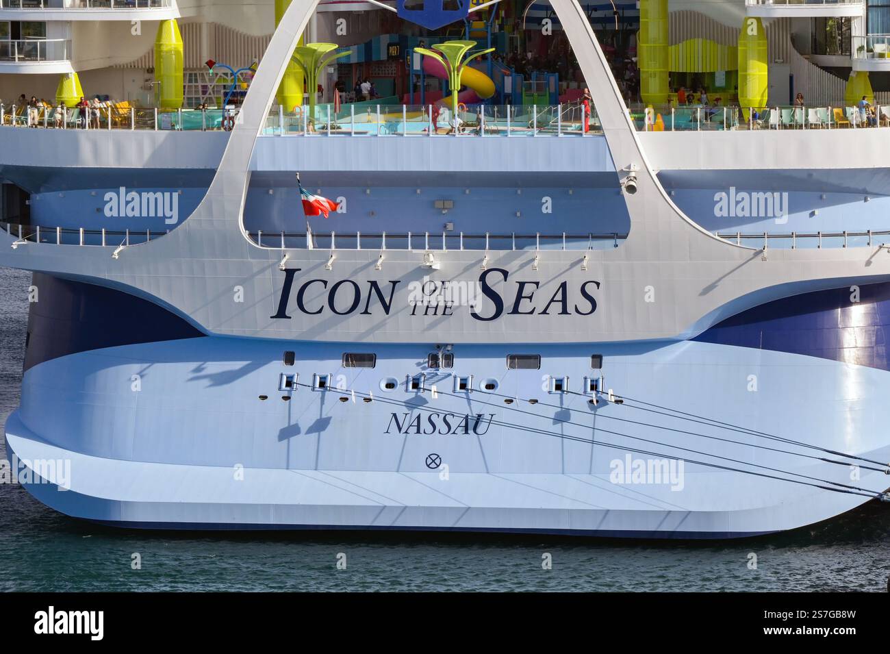 Miami, Florida, USA - 4 January 2025: Close up view of the back of the world's biggest cruise ...