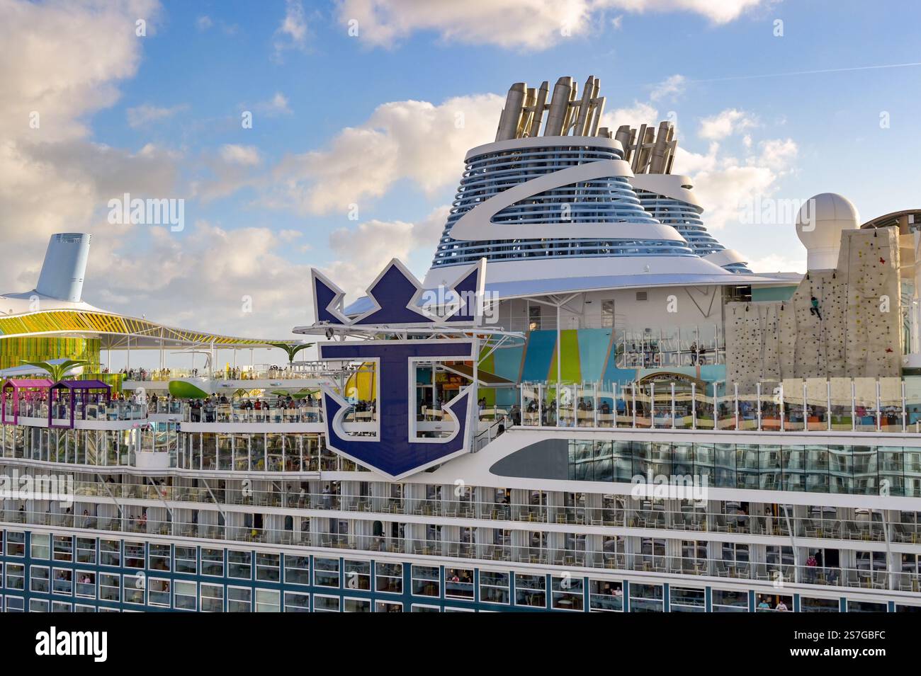 Miami, Florida, USA - 4 January 2025: Close up of the RCI logo on the side of the world's ...