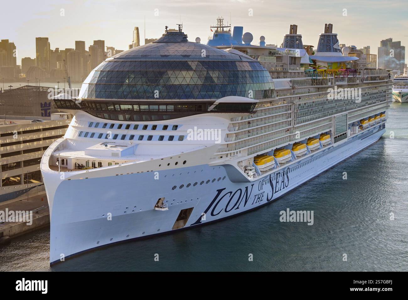 Miami, Florida, USA - 4 January 2025: Front view of the world's biggest cruise ship, the Icon of ...