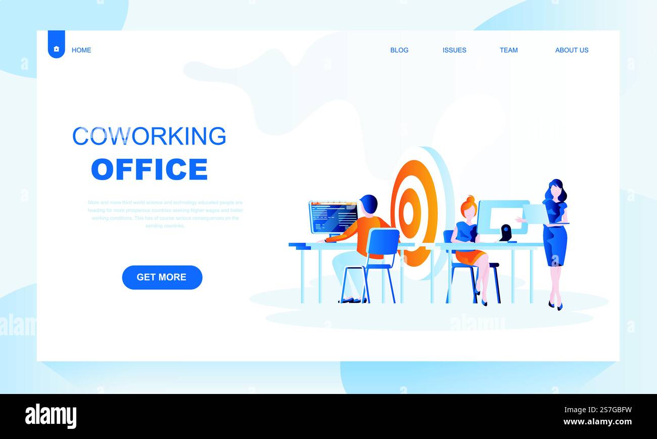 Coworking office flat landing page template with header. Company staff ...