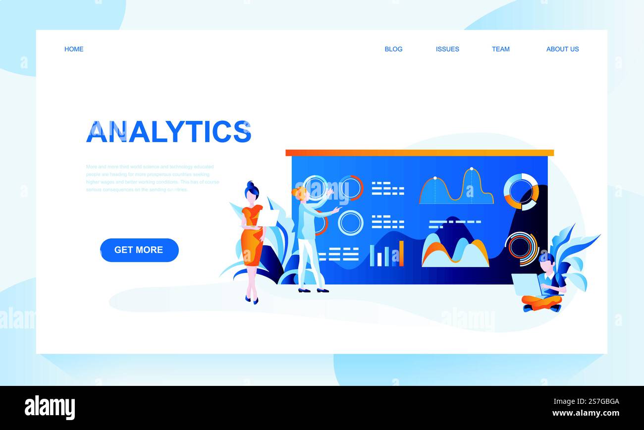 Analytics vector landing page template with header. Statistics research ...