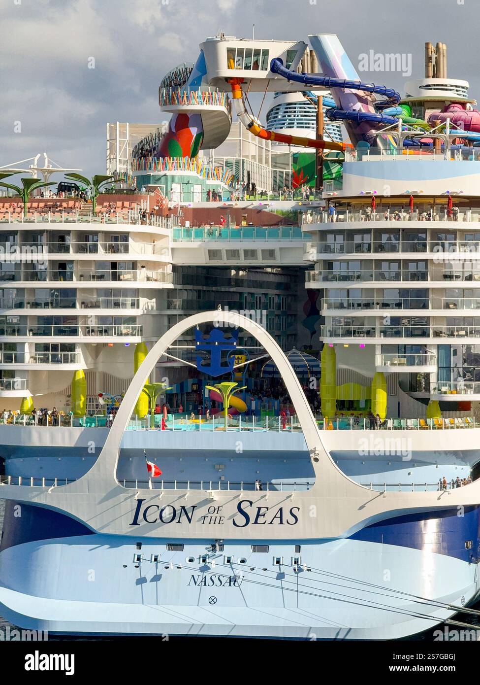 Miami, Florida, USA - 4 January 2025: Rear view of the world's biggest cruise ship, the Icon of ...