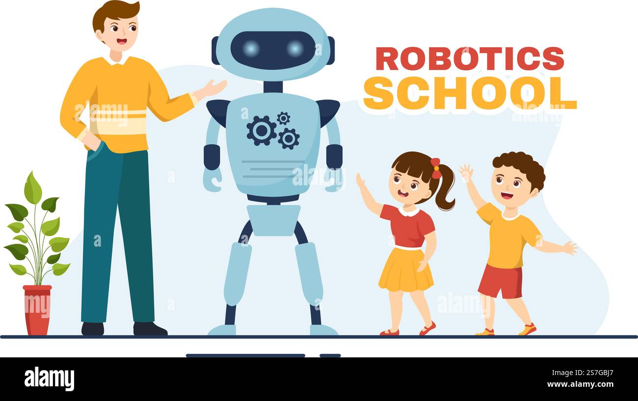 Robotics School Vector Illustration with Kids Robotic Project to ...