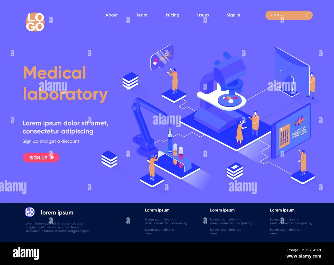 Medical laboratory isometric landing page. Pharmacy development, biotechnology industry, patient ...