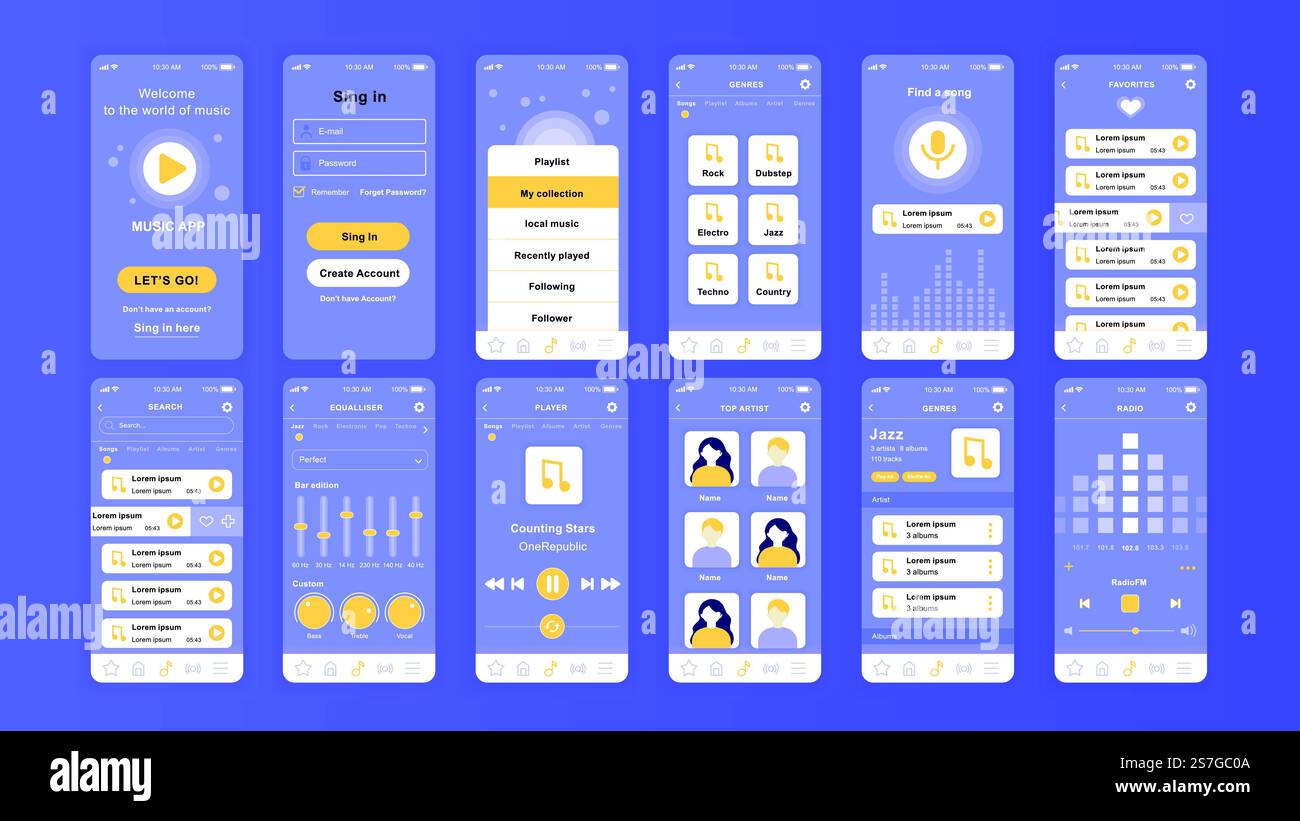 Set of UI, UX, GUI screens Music app flat design template for mobile ...