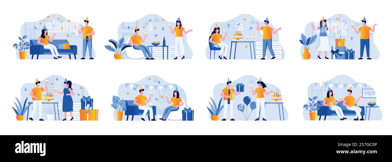 Party scenes bundle with people characters. Friends celebrating ...