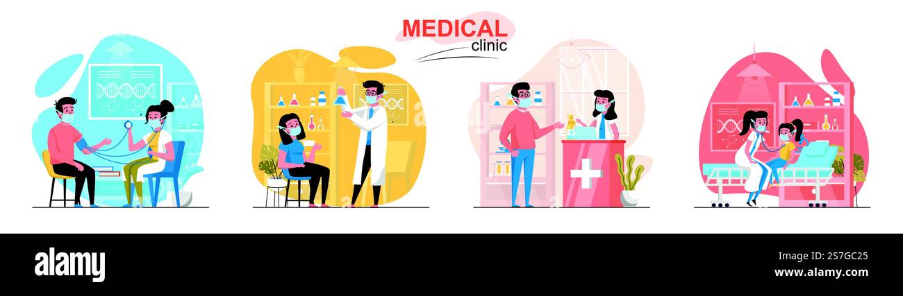 Medical clinic concept scenes set. Patient visit doctor, diagnostics ...