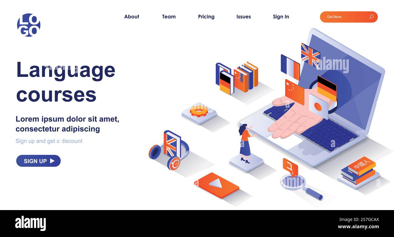 Language courses isometric landing page. Studying at language school ...