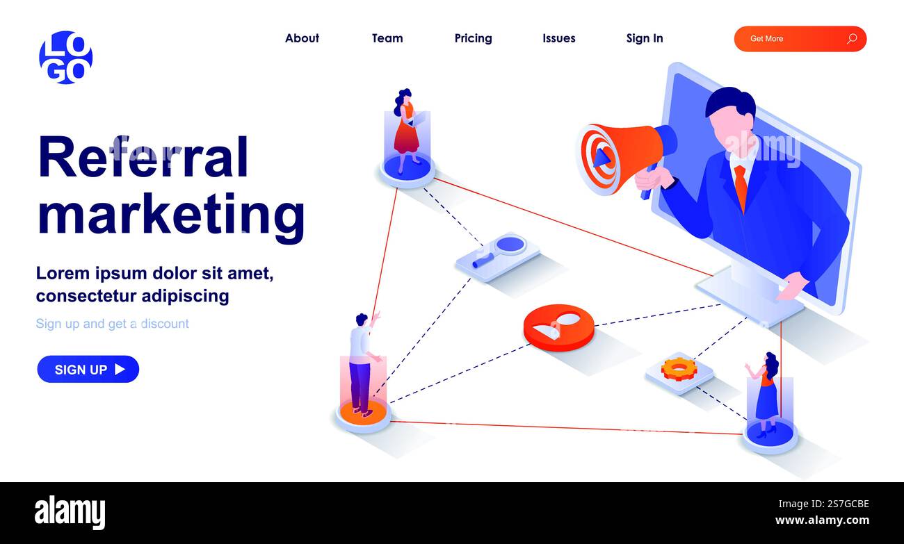 Referral marketing isometric landing page. Attracting new customers via ...