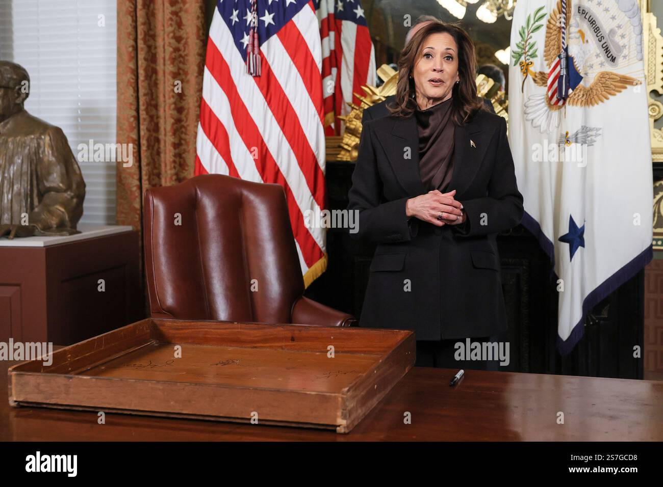 United States Vice President Kamala Harris addresses her staff and the ...