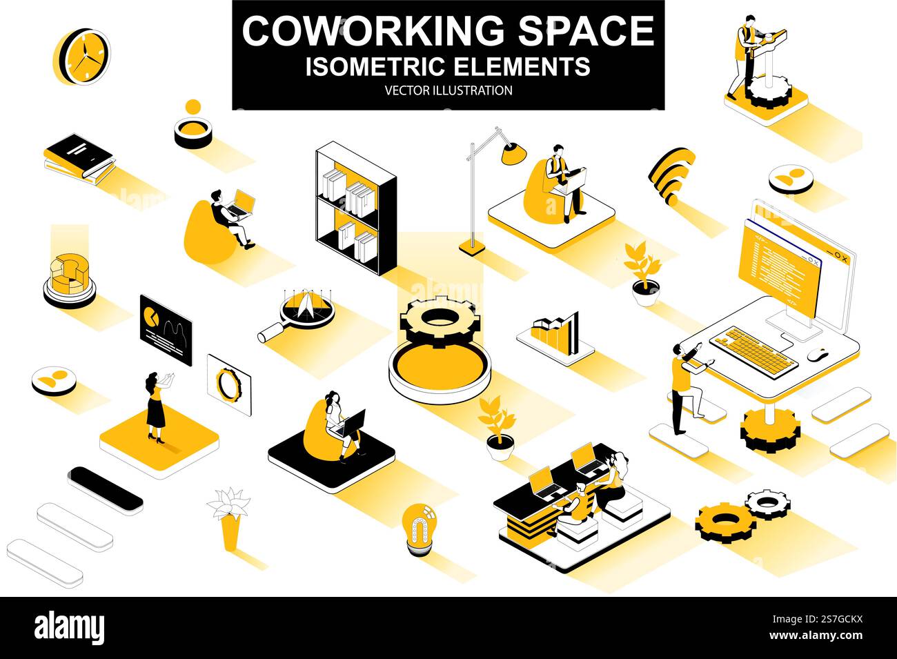 Coworking space bundle of isometric elements freelancer work with laptop hi-res stock ...
