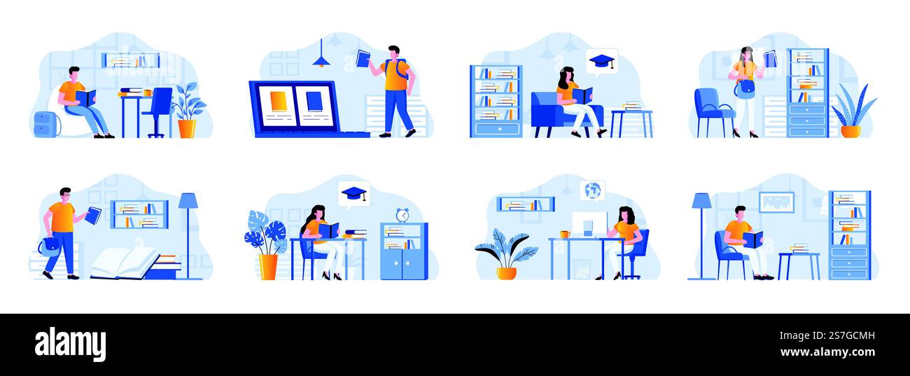 Education scenes bundle with people characters. Distance learning ...