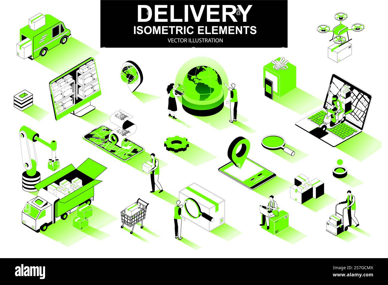 Delivery service bundle of isometric elements. Courier on scooter, delivery truck, pinpointer ...