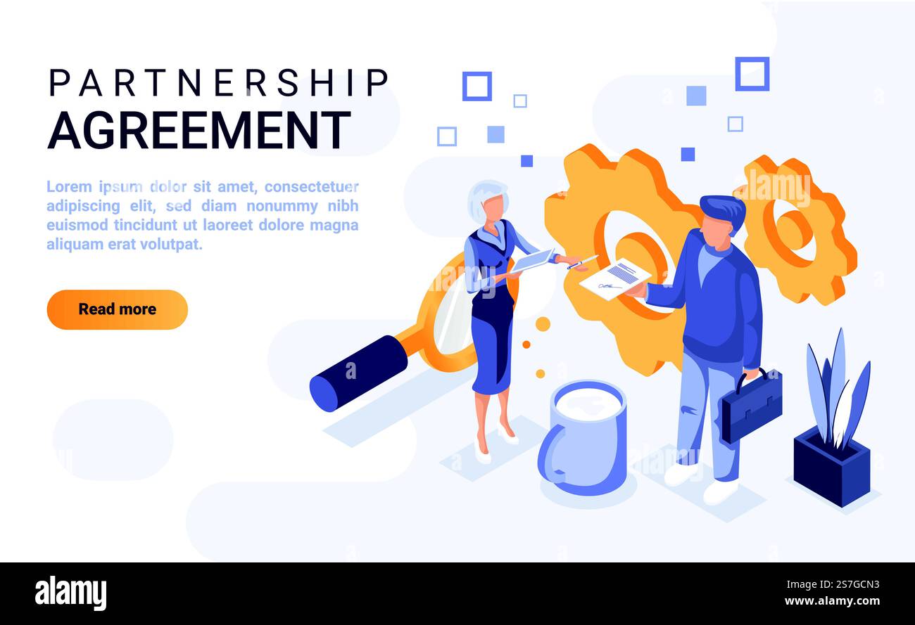 Partnership agreement landing page vector template with isometric ...