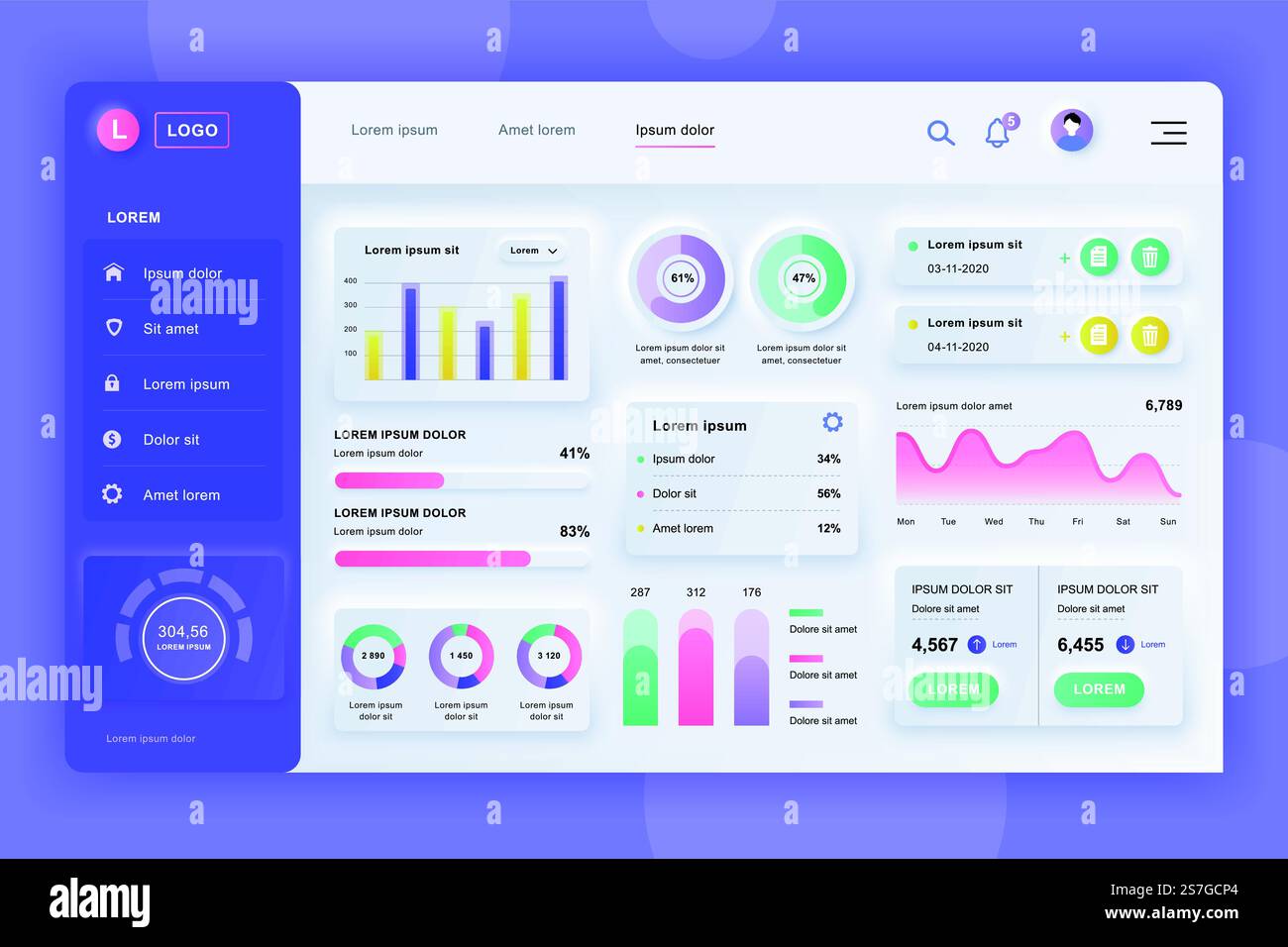 Neumorphic dashboard UI kit. Admin panel vector design template with ...