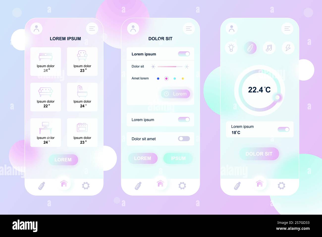 Smart home neumorphic elements kit for mobile app. Remote temperature control, light sensor ...