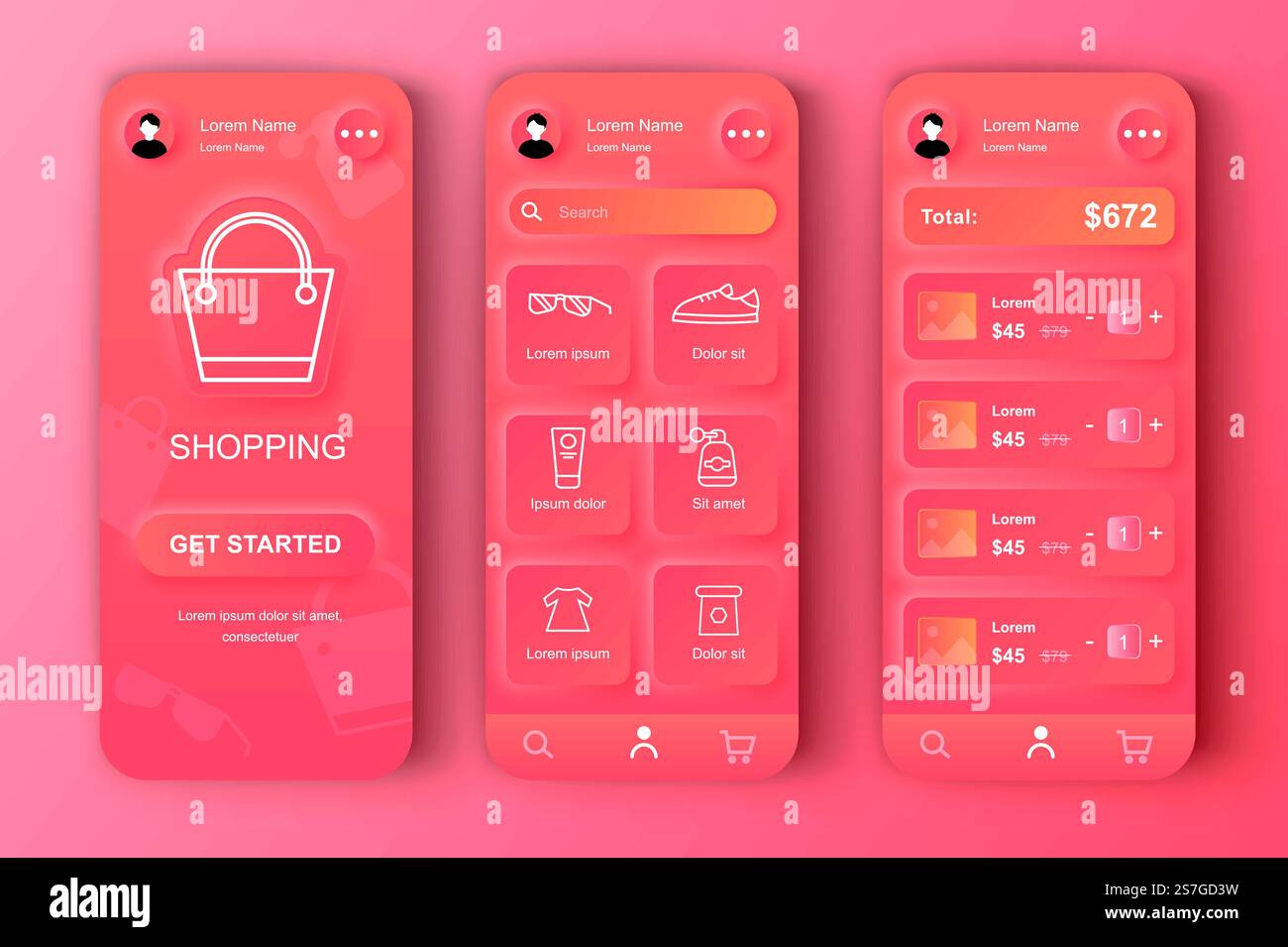 Online shopping unique neumorphic design kit for app. Shopping platform screens with product ...