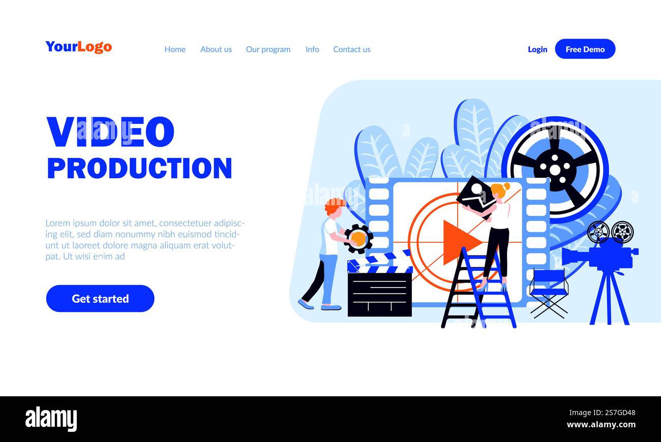 Video production vector landing page template with header. Movie ...