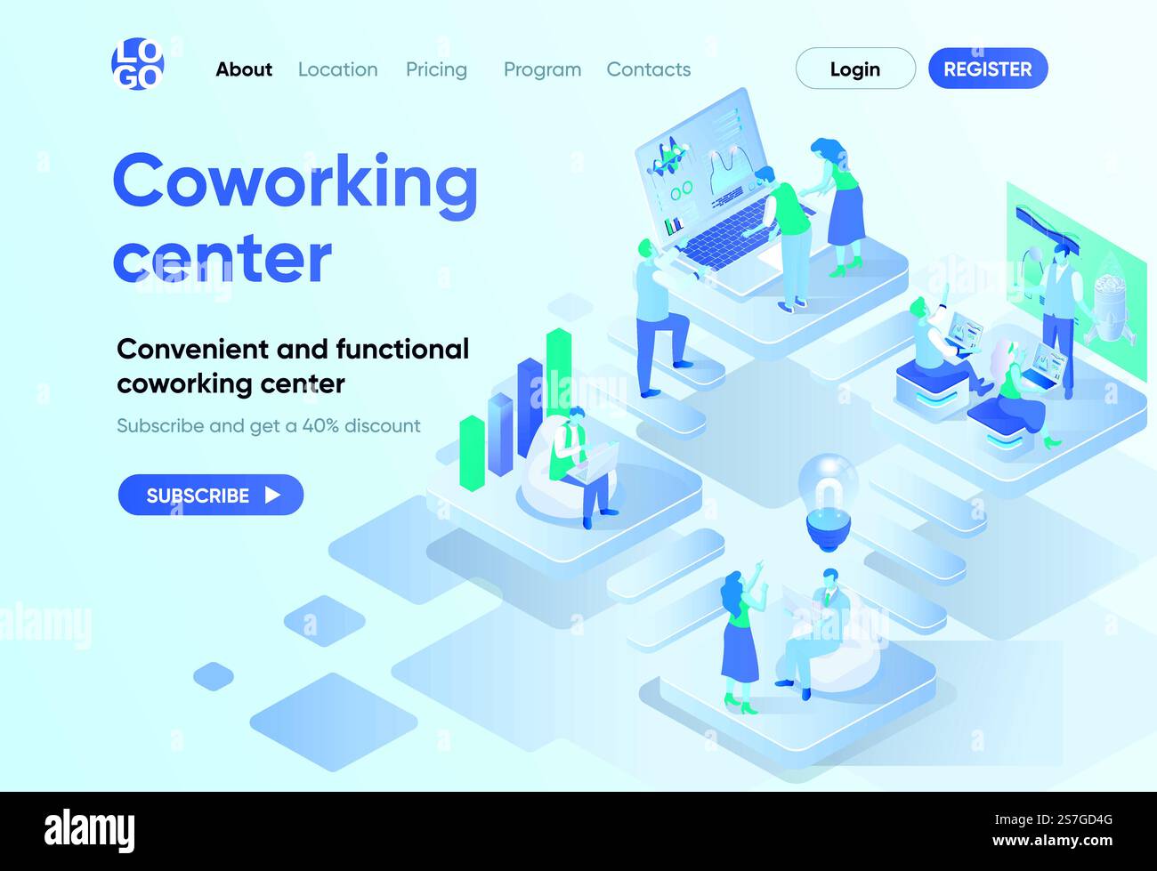 Coworking center isometric landing page. Business community teamwork ...