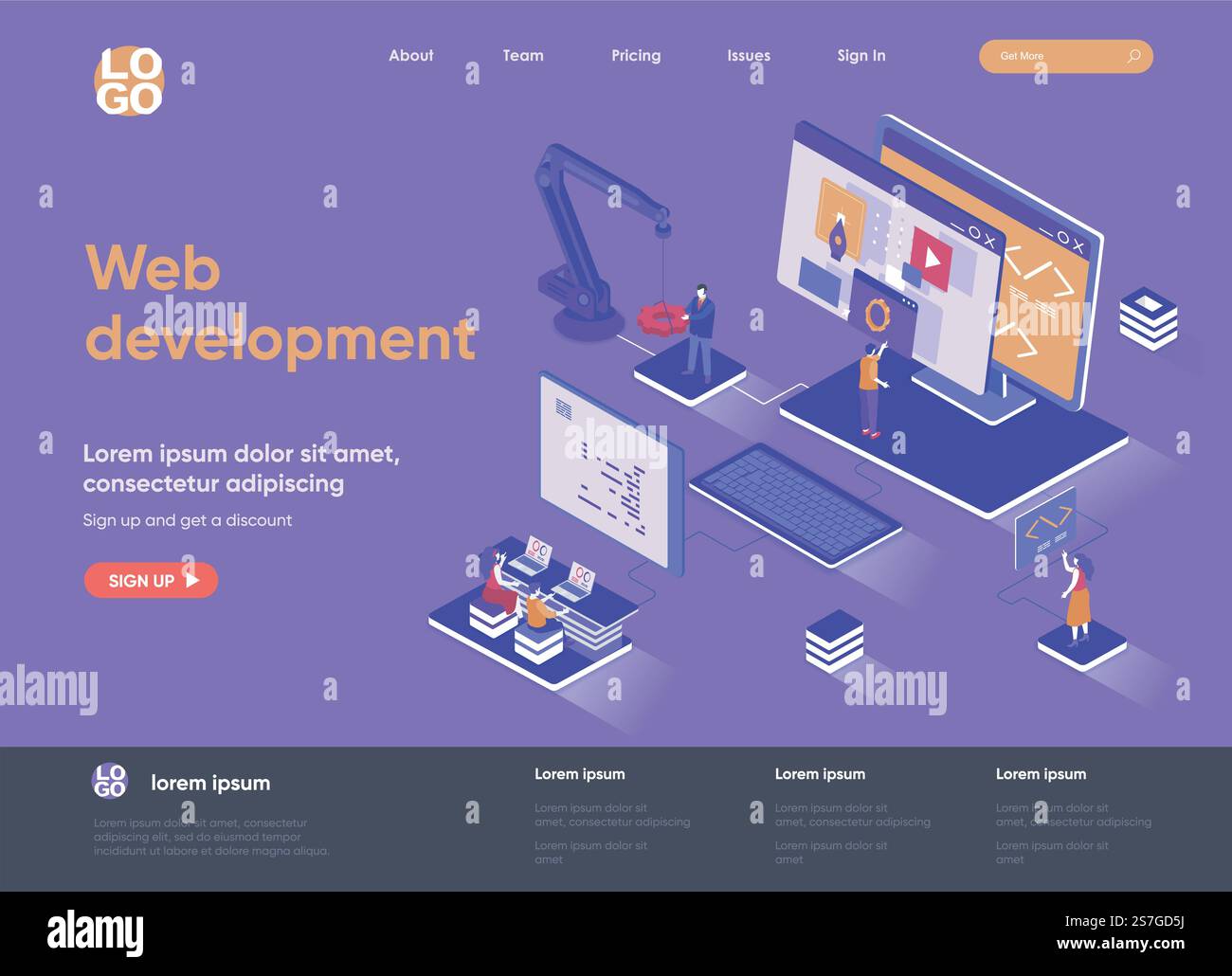 Web development isometric landing page. Full stack development, software engineering, design and ...