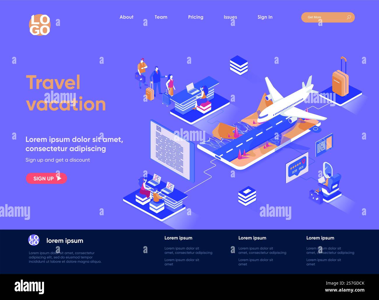 Travel vacation isometric landing page. Web solution for trip organization, online check-in ...
