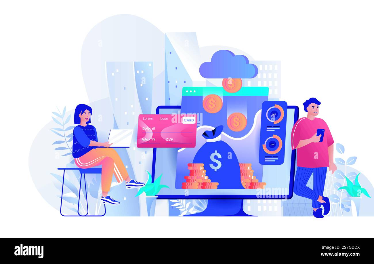 Virtual finance concept in flat design. Online banking and accounting ...