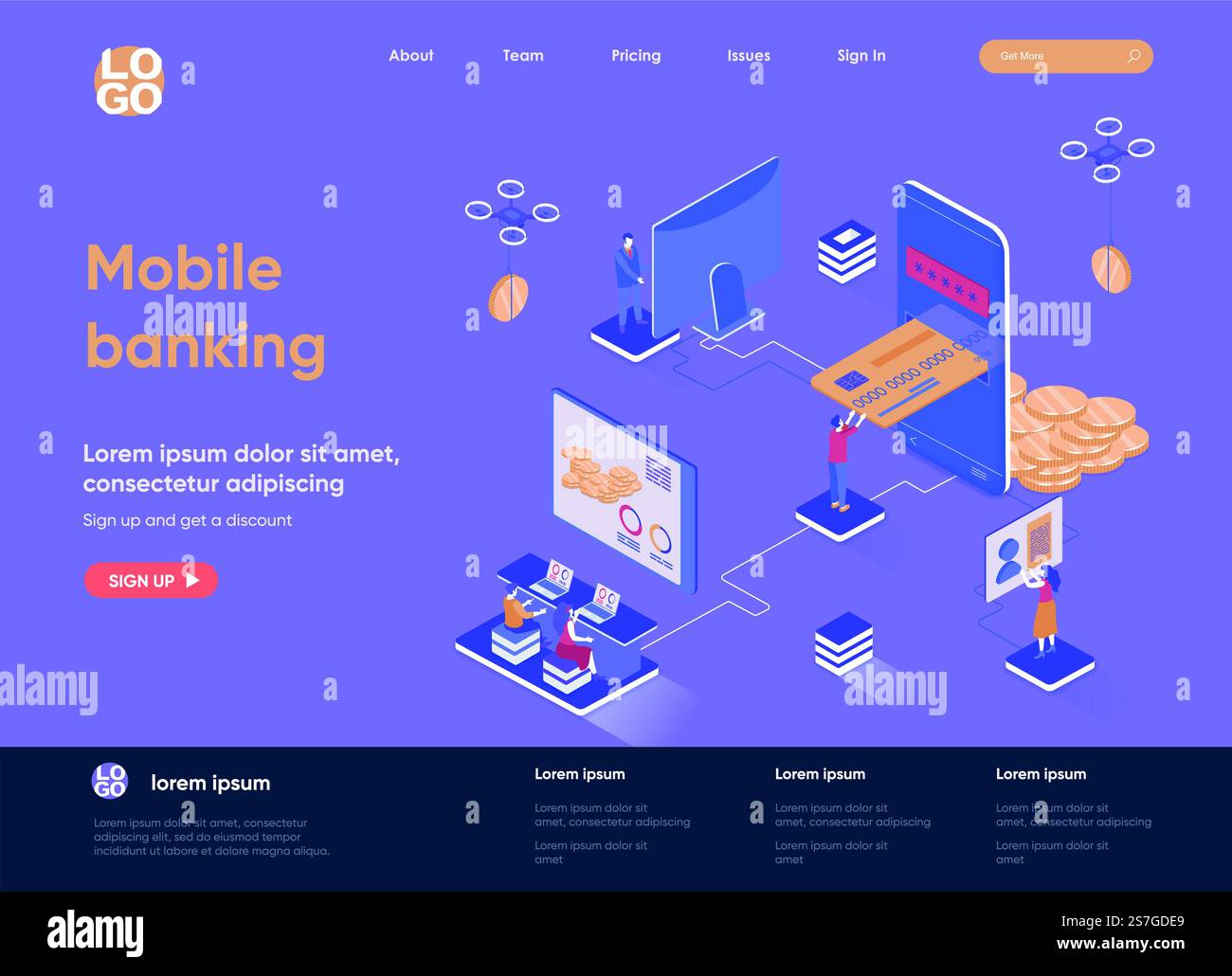 Mobile banking isometric landing page. Smart finance app, money ...