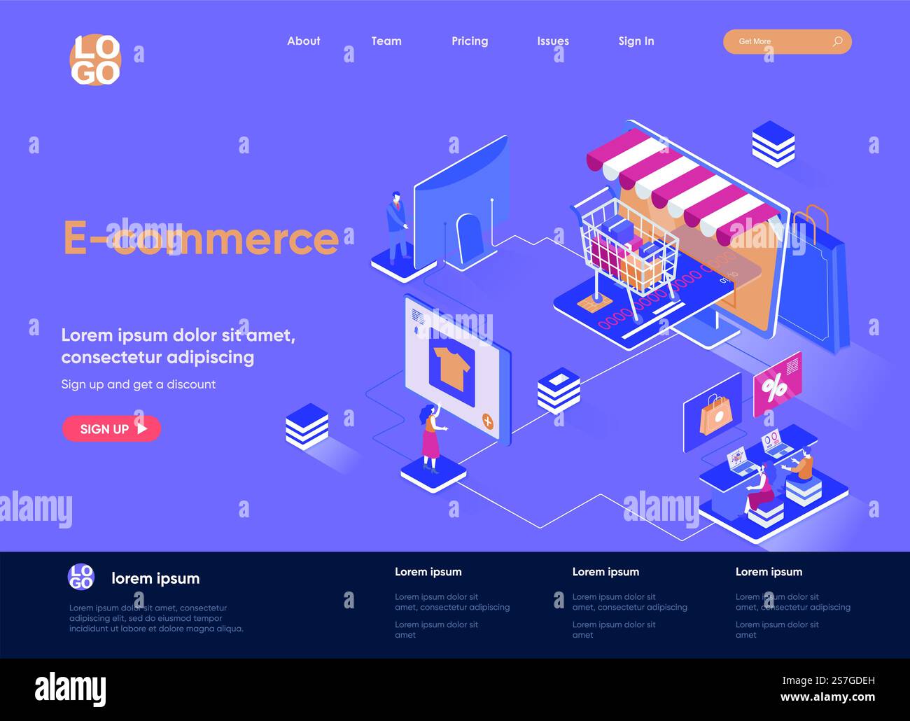 E-commerce isometric landing page design. Online shopping marketplace ...