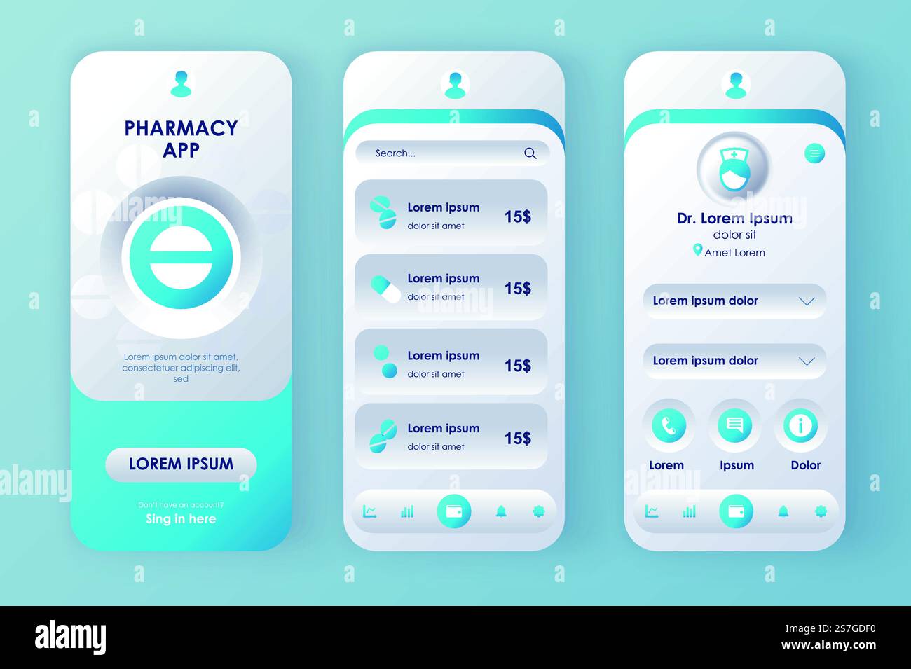 Online medicine unique neomorphic design kit. Pharmacy app with medical ...