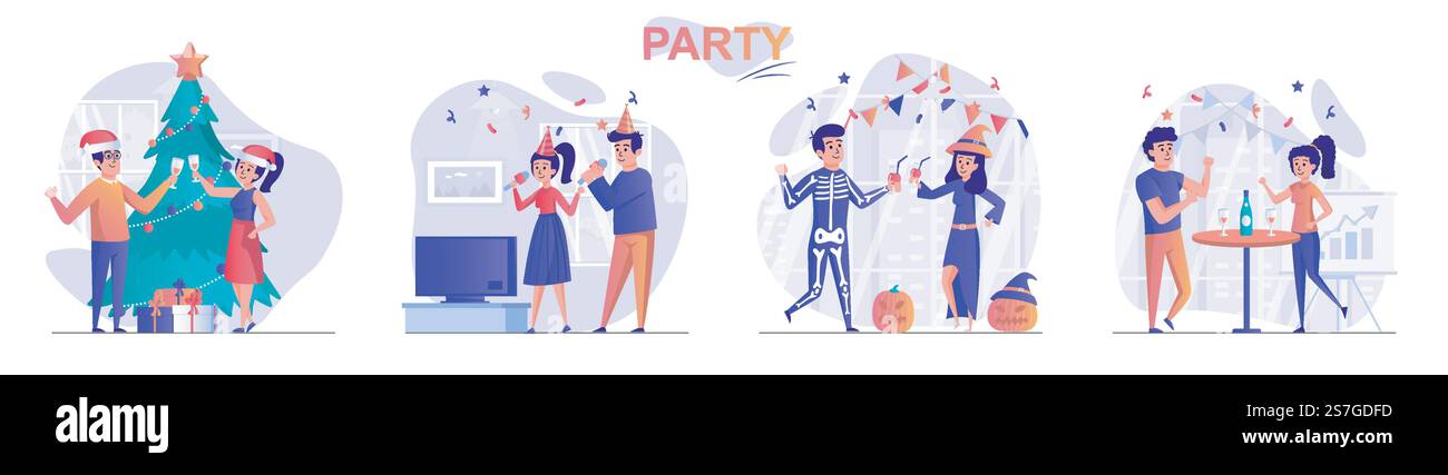 Party concept scenes set. Couple celebrating christmas, halloween or ...