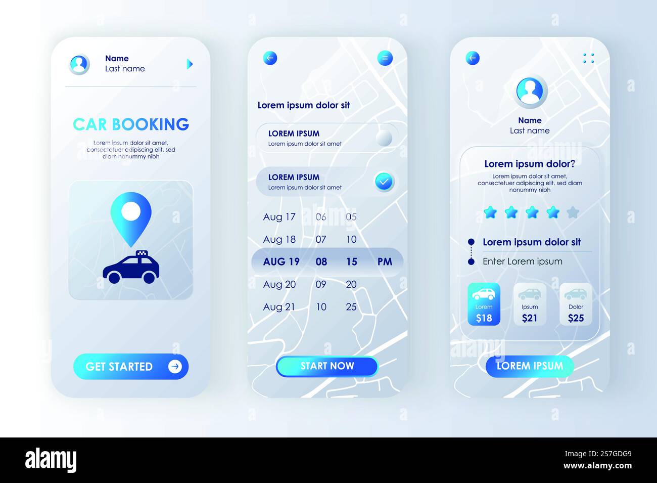 Car booking unique neomorphic design kit for app. Car sharing service UI, UX template set ...