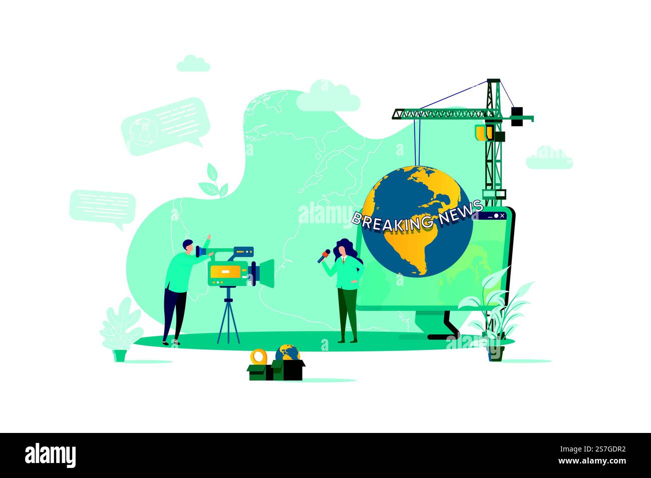 Journalist concept in flat style. Journalist and cameraman making ...