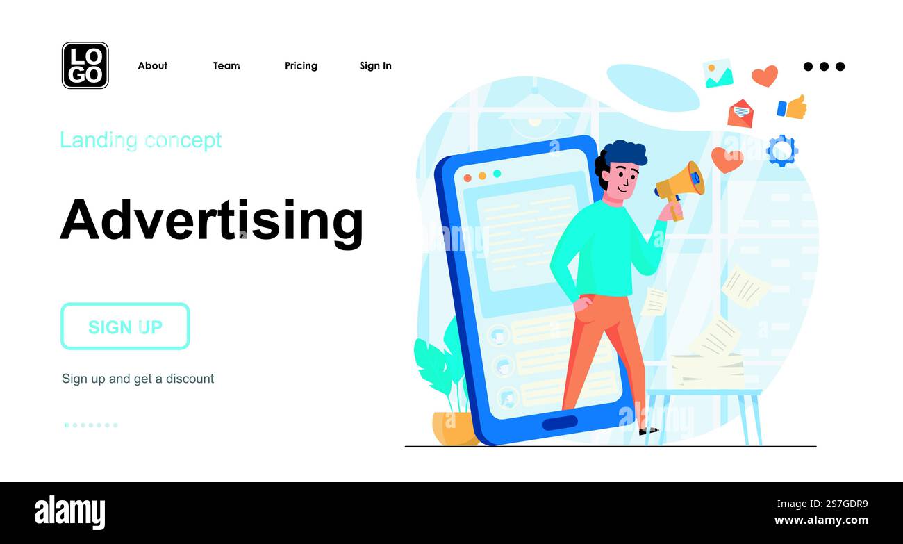 Advertising web concept. Man makes ad campaign, attracting new ...