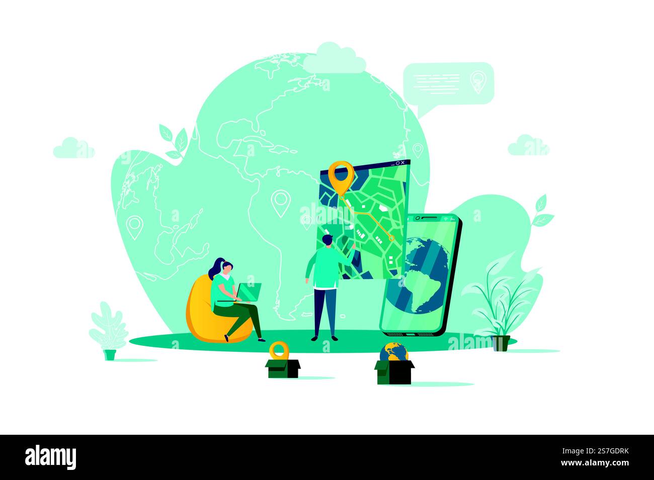 GPS navigation concept in flat style. Man uses GPS navigator scene ...