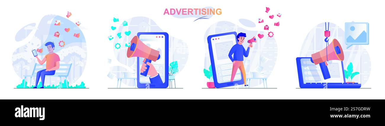 Advertising concept scenes set. Advertisement campaign in social ...