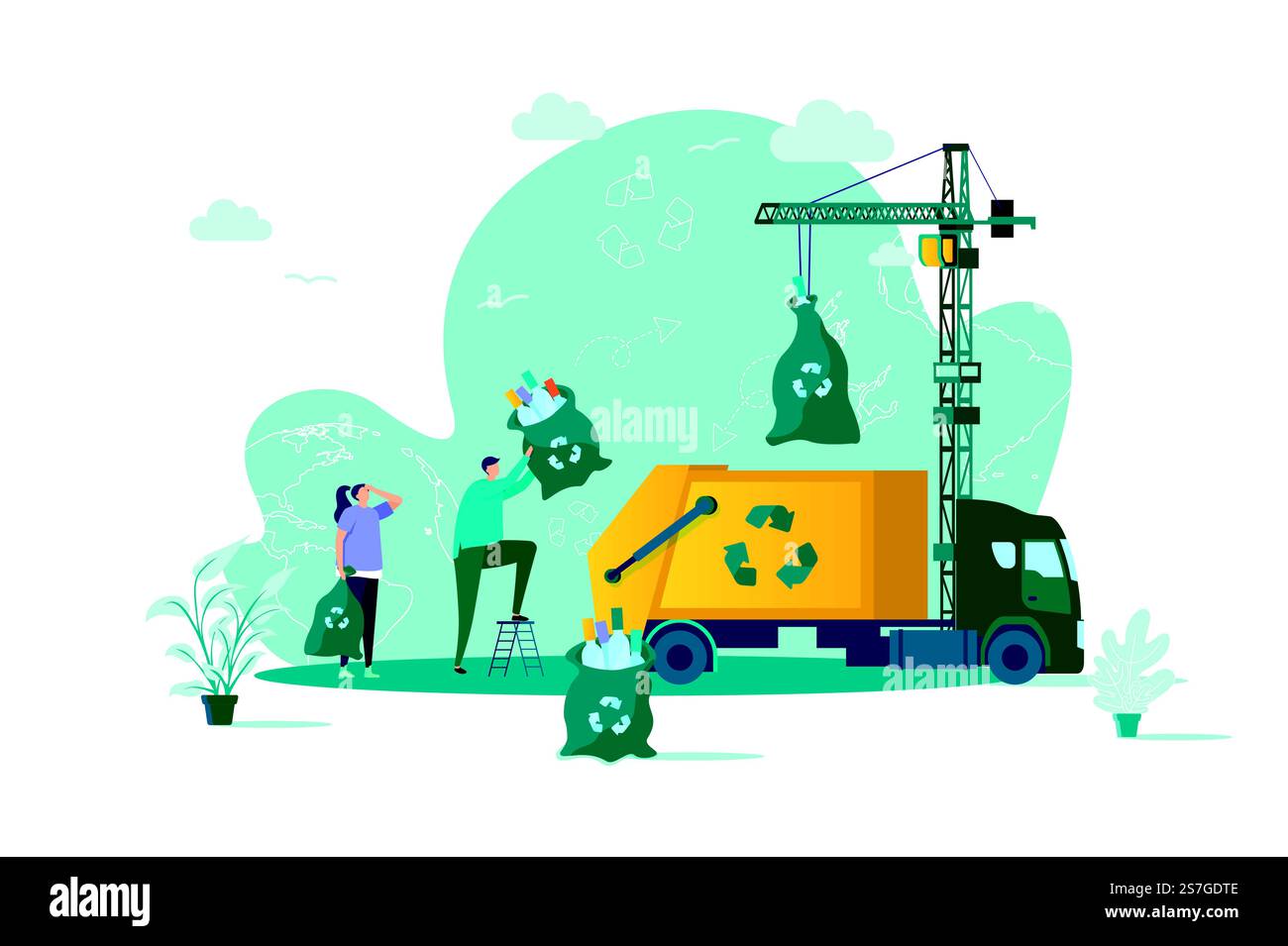 Waste management concept in flat style. People loading sorted waste in ...