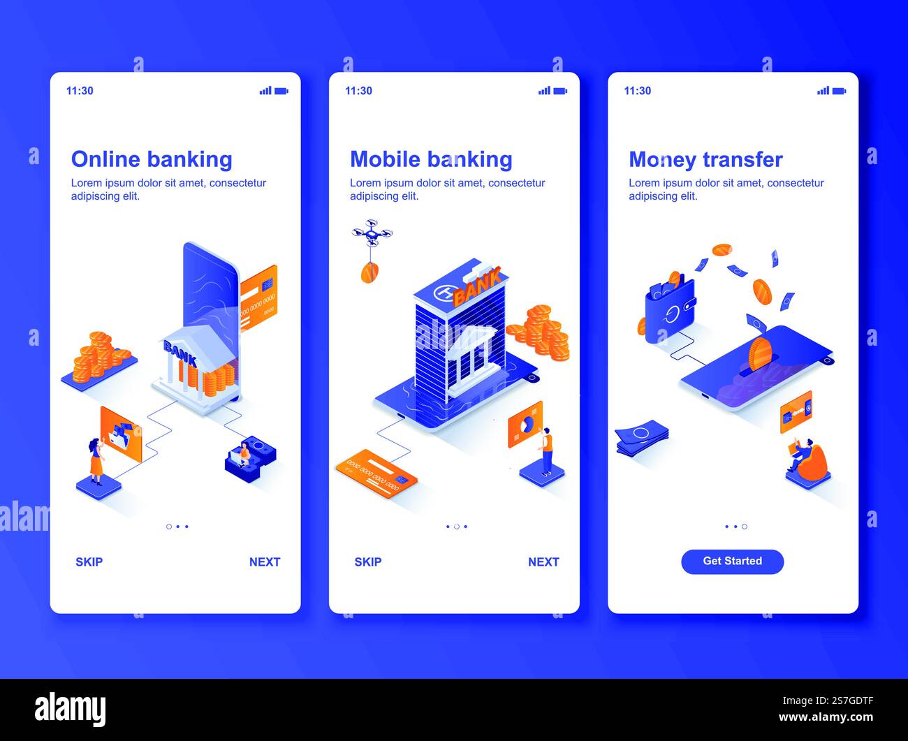 Online banking isometric GUI design kit. Mobile banking service, money ...