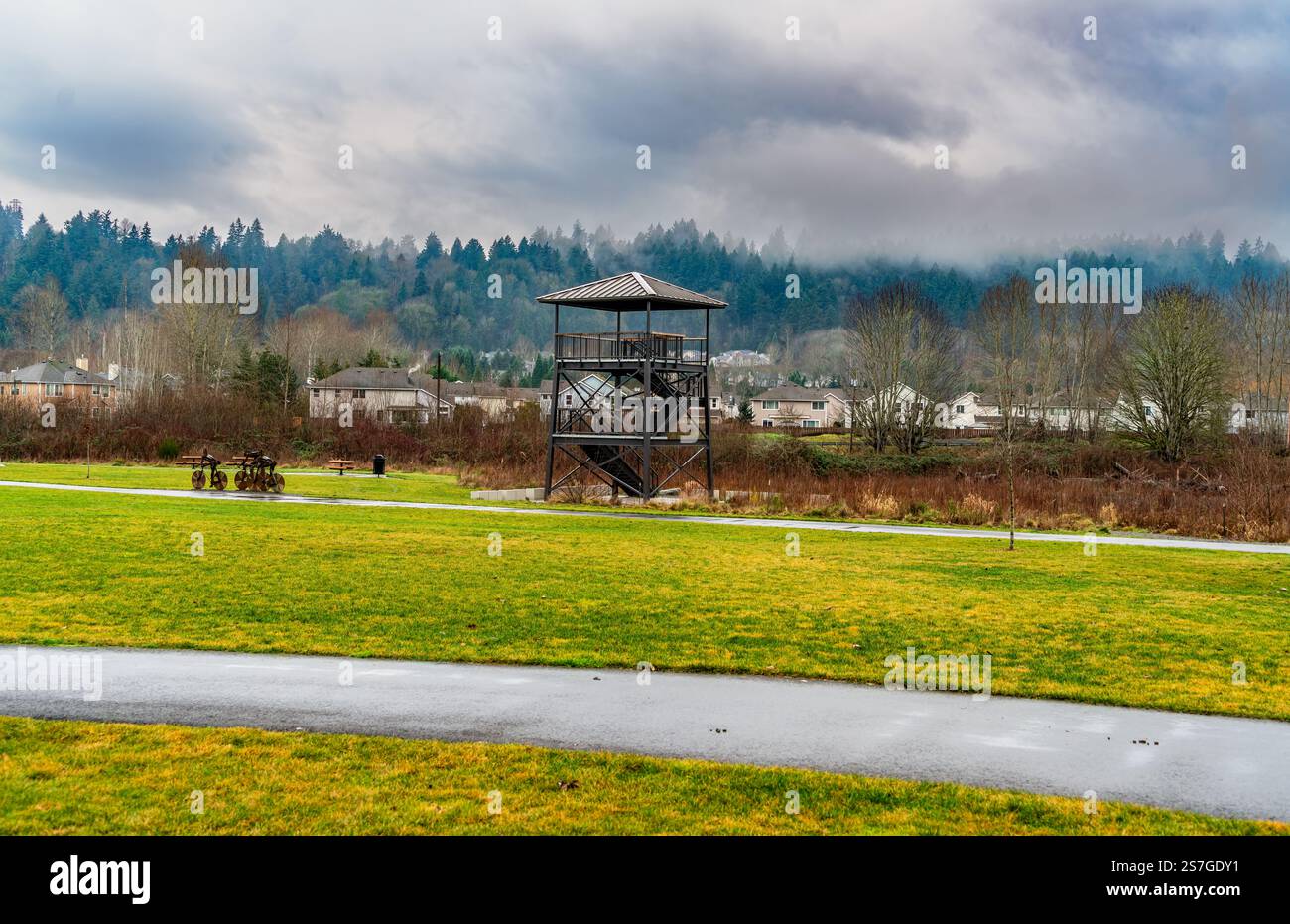 A view of a tower at a park along Green River in Kent, Washington Stock ...