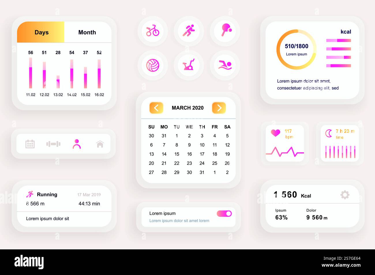 GUI elements for fitness workout mobile app. Fitness activity planner ...