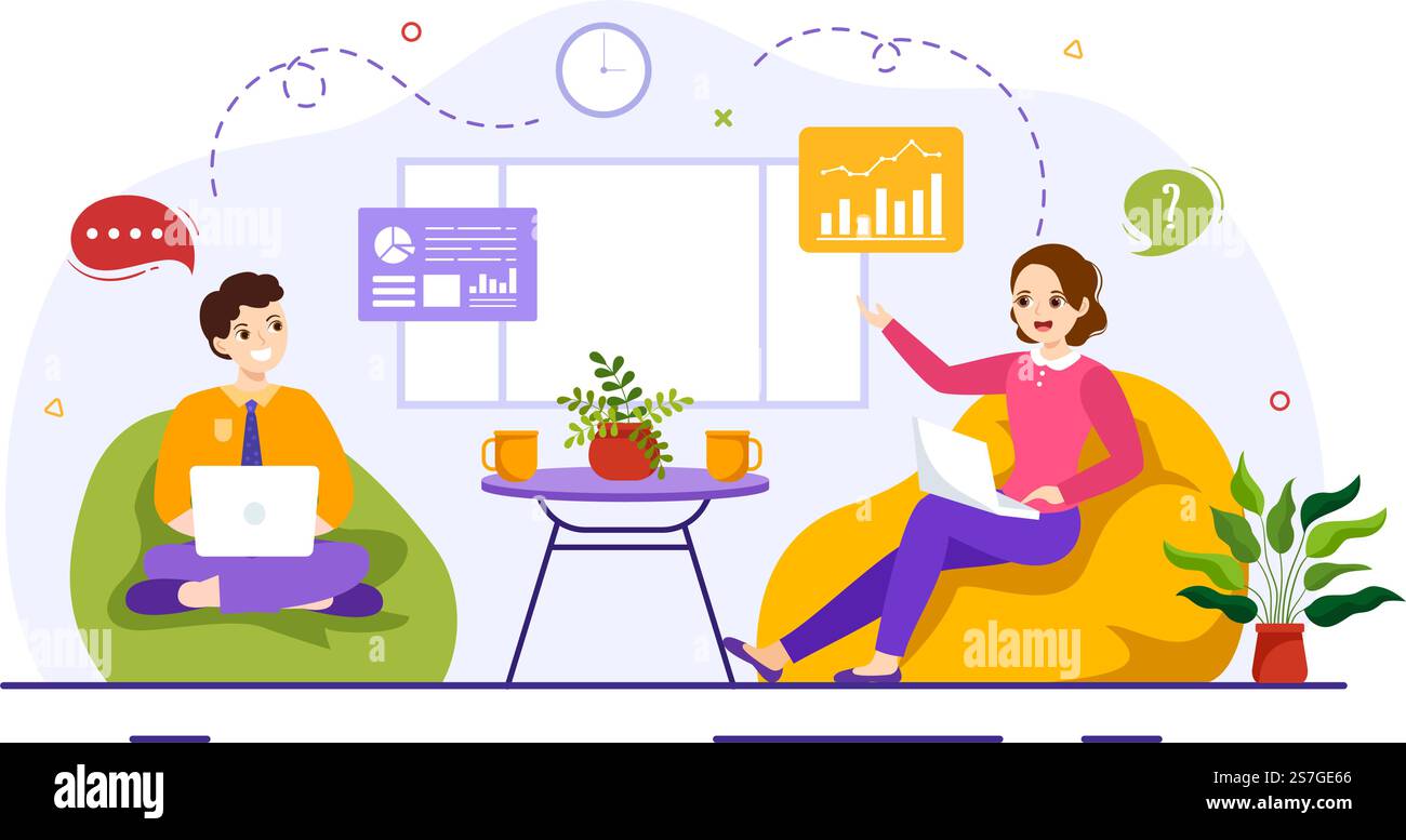 Coworking Business Vector Illustration with Colleagues Talking, Meeting and Working at the ...