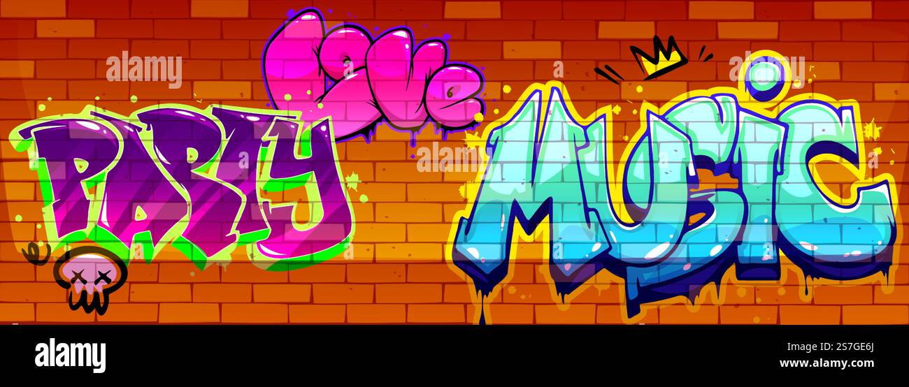 Graffiti cartoon words painted on red brick wall background - text with ...