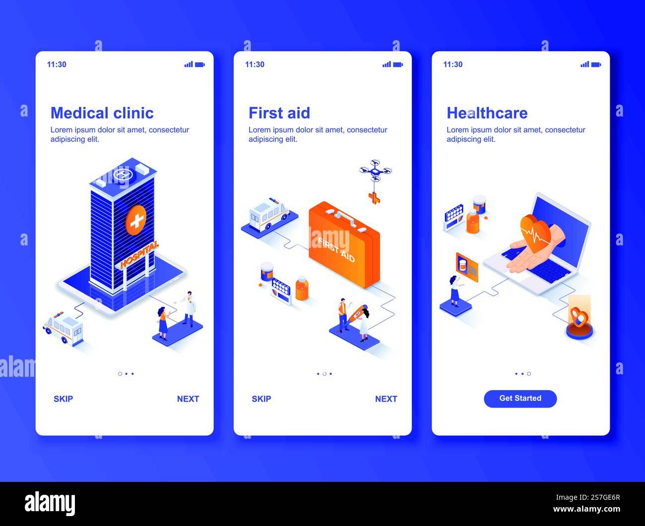 Medical clinic isometric GUI design kit. First aid and social ...