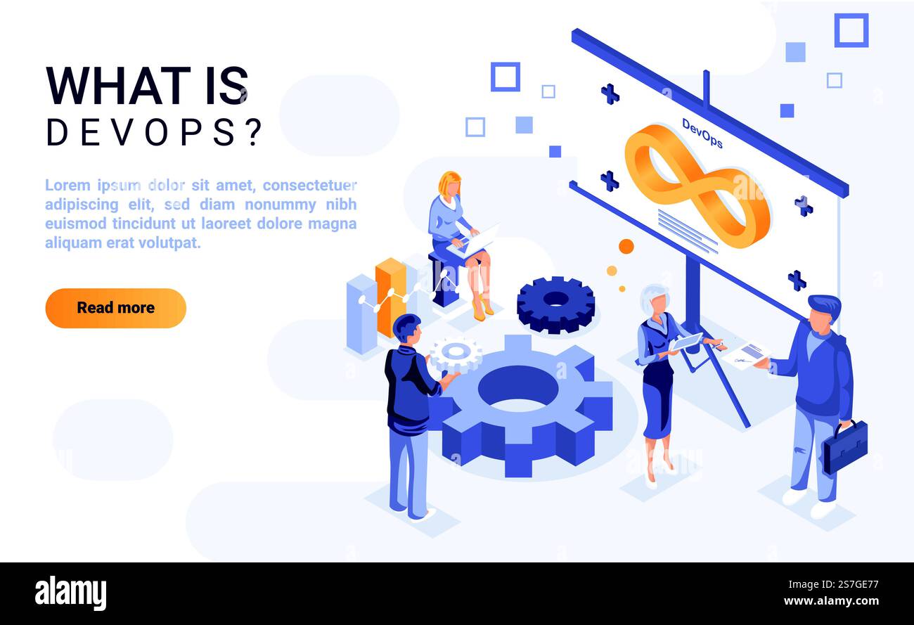 What is devops landing page template with isometric illustration. Software development and ...