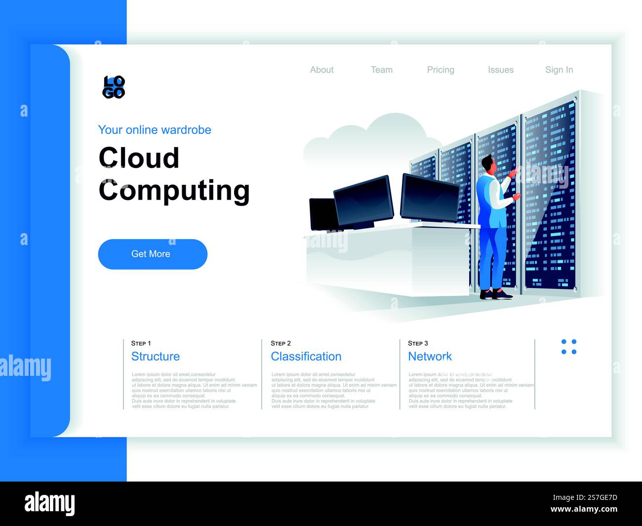 Cloud computing isometric landing page. IT specialist near server rack at data center situation ...