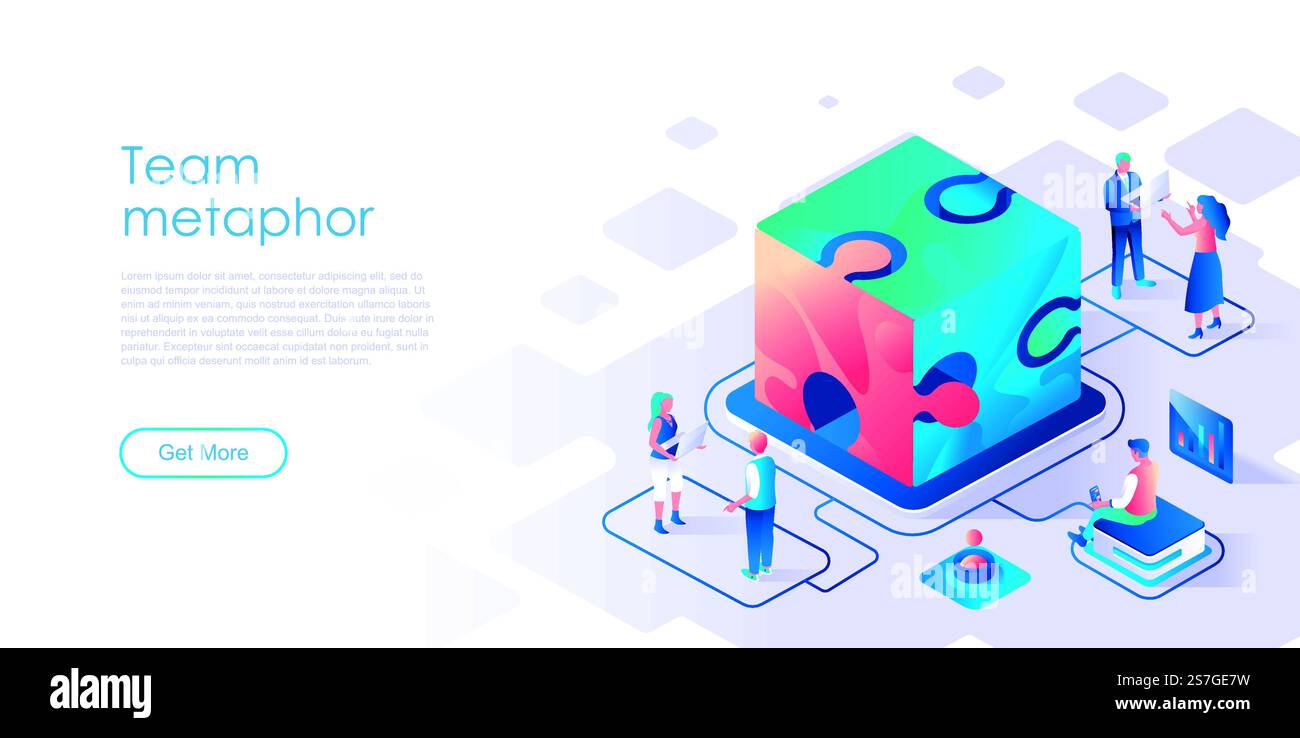 Team metaphor isometric landing page vector template teamwork ...