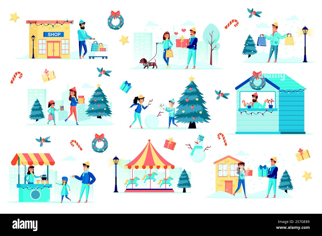 Winter festival bundle of flat scenes. Festive carnival, amusement fair ...