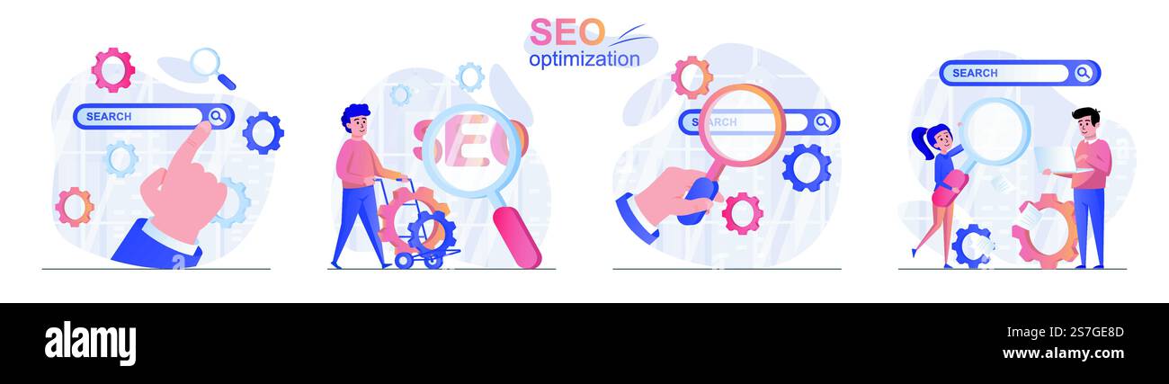 Seo optimization concept scenes set. Man customize search, increases position of website ...
