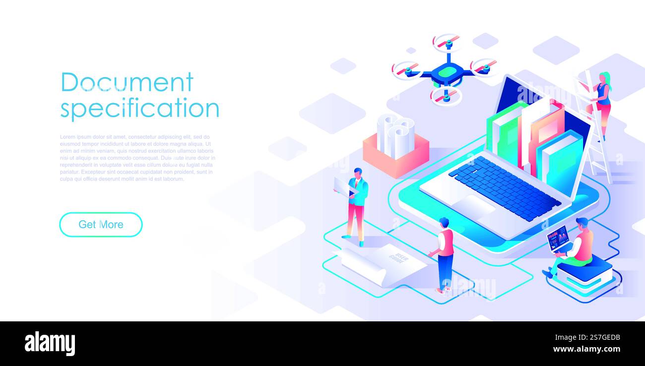 Document specification isometric landing page vector template ...